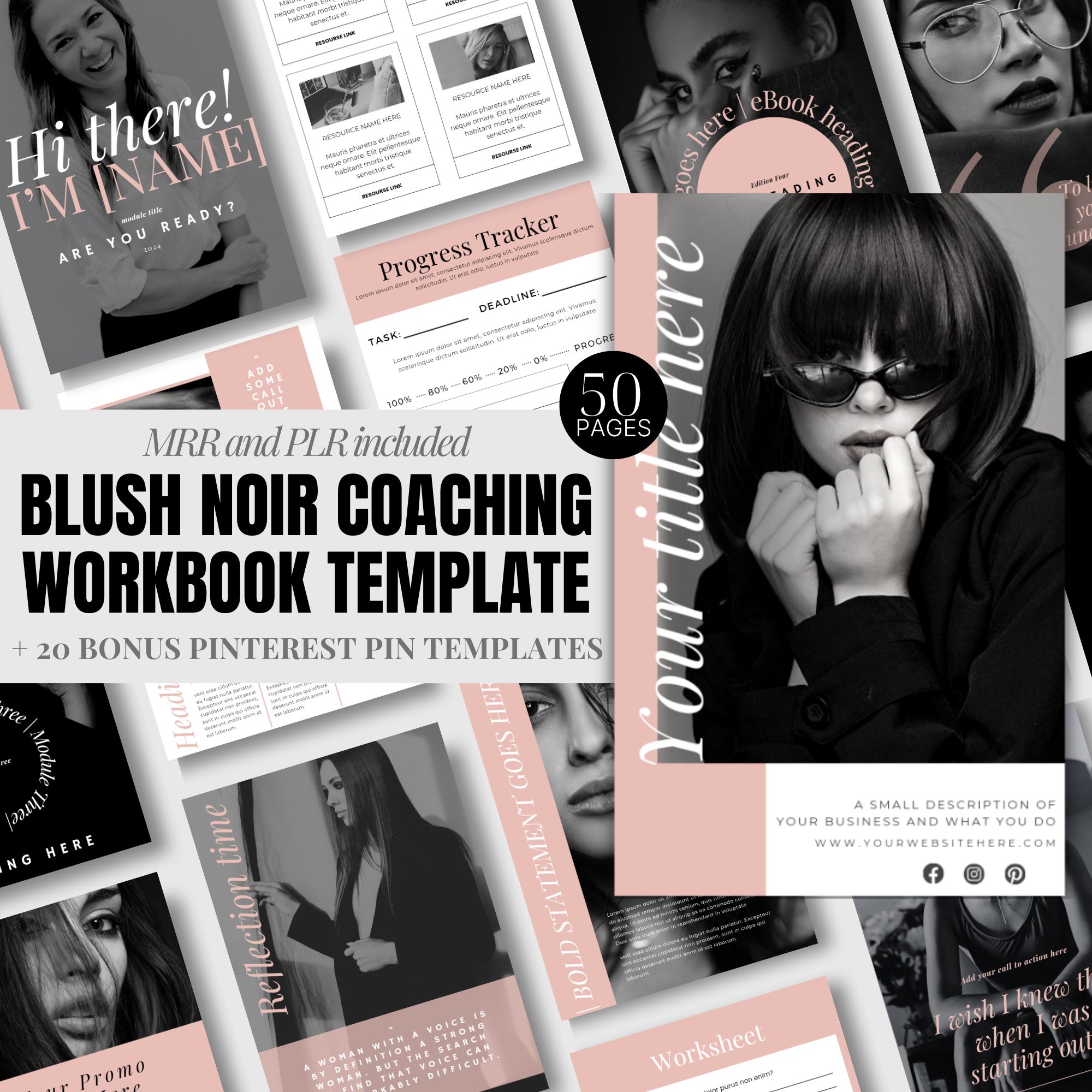 50 Page Blush Noir Coaching Workbook Template + Bonus 20 Pinterest Pins
