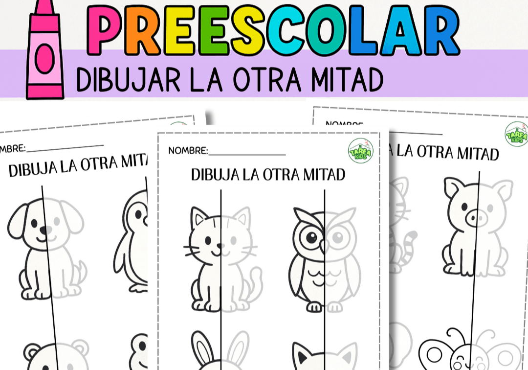 Dibuja la otra mitad: fichas de simetría para niños | Tarea Kids